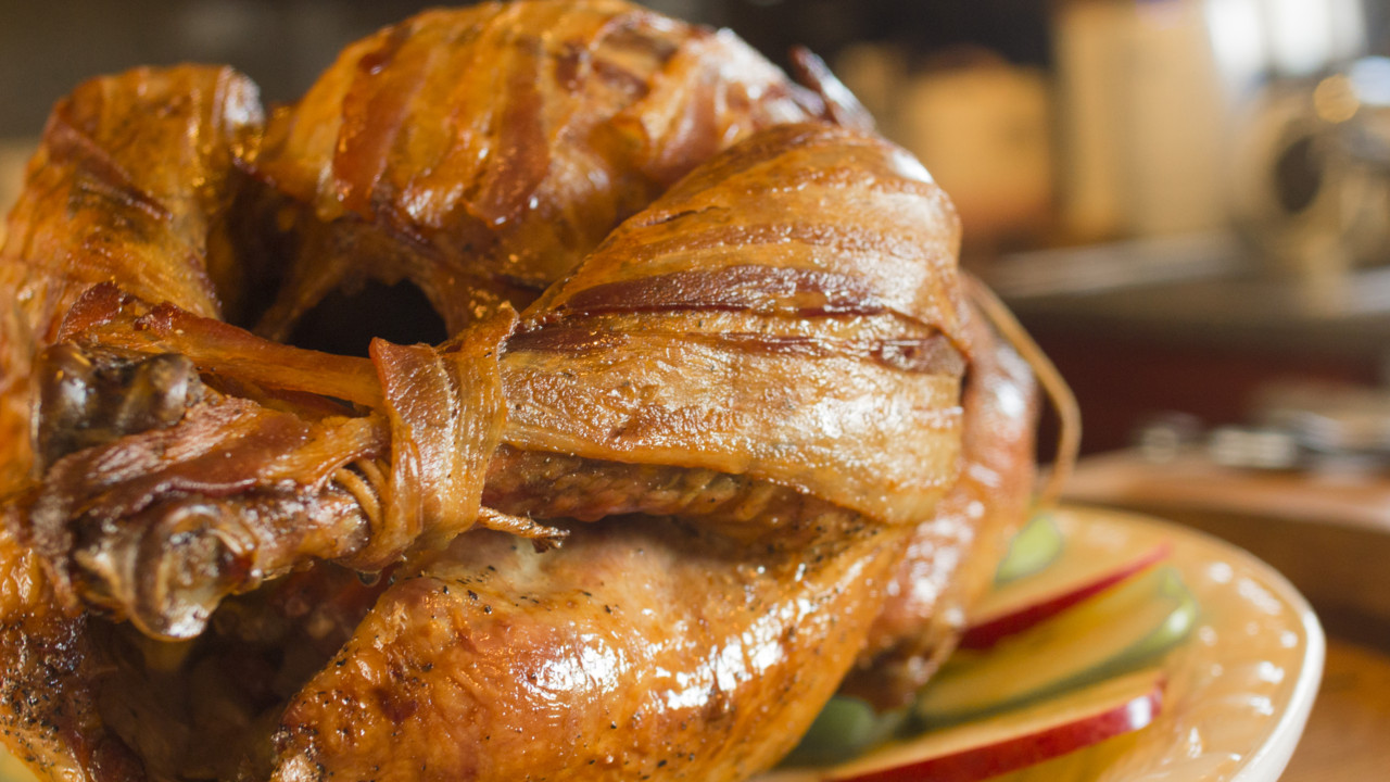 Bacon-Wrapped Roasted Turkey with Stuffing - Cooking Videos | Grokker